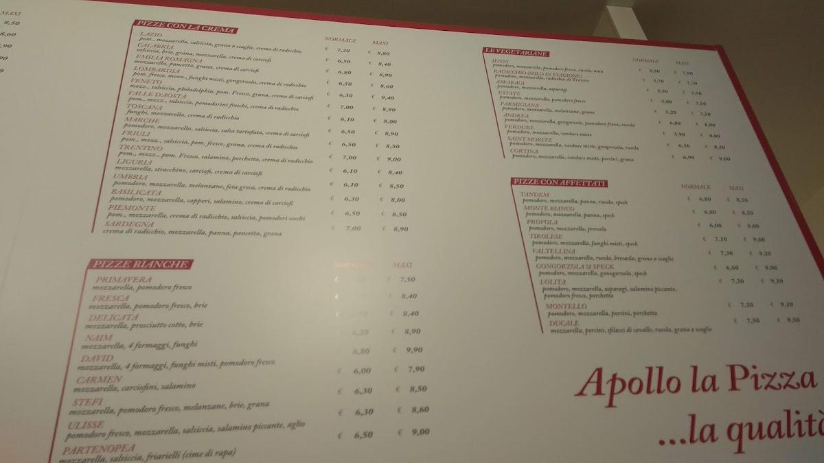 Menu at Apollo La Pizza restaurant, Venice