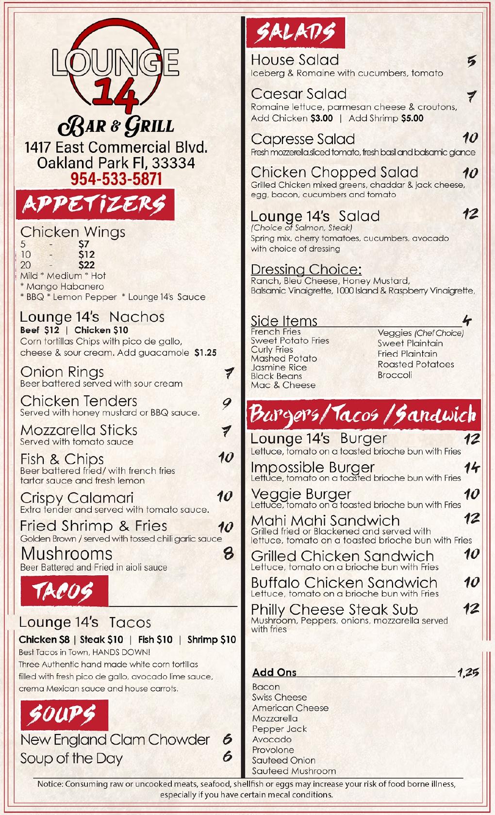 Menu at Lounge 14 Bar and Grill, Fort Lauderdale