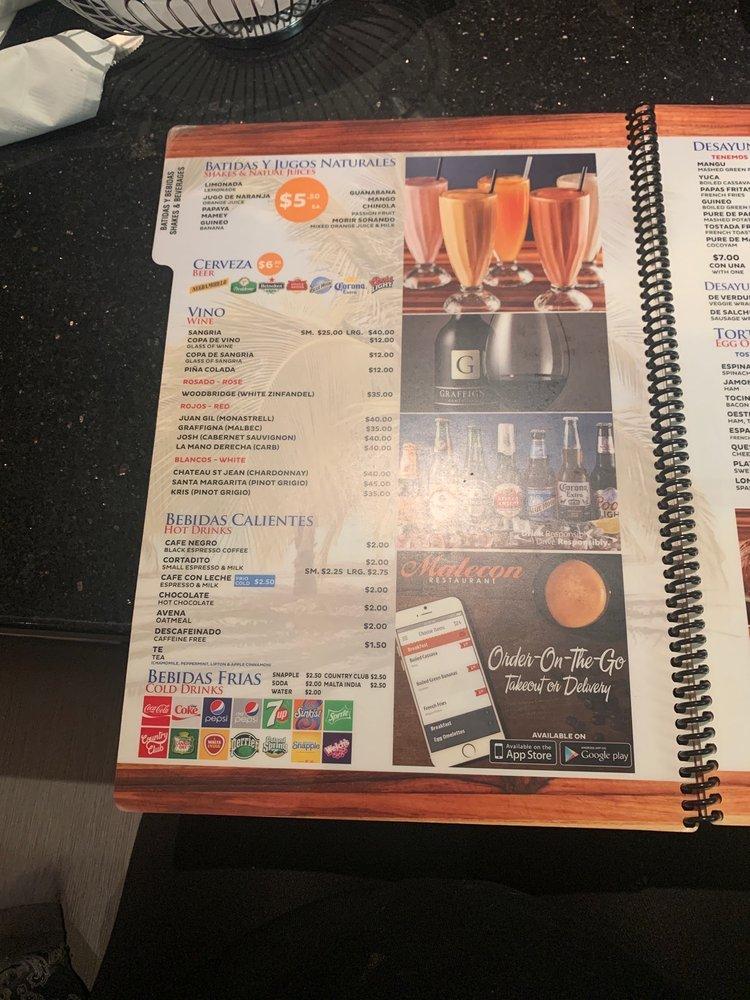 Menu at Malecon restaurant, West New York, 764 Amsterdam Ave