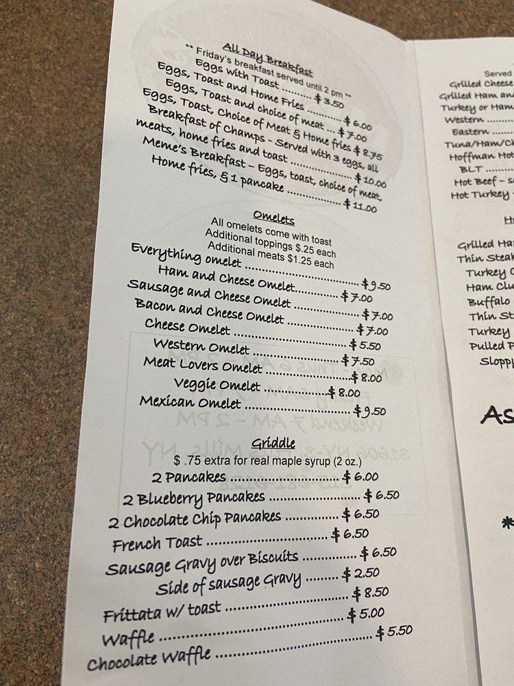 Carta del restaurante Meme's Diner, Felts Mills
