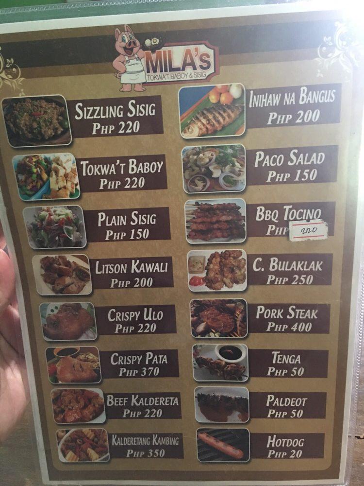 Menu at Mila's Tokwa't Baboy restaurant, Angeles, St.