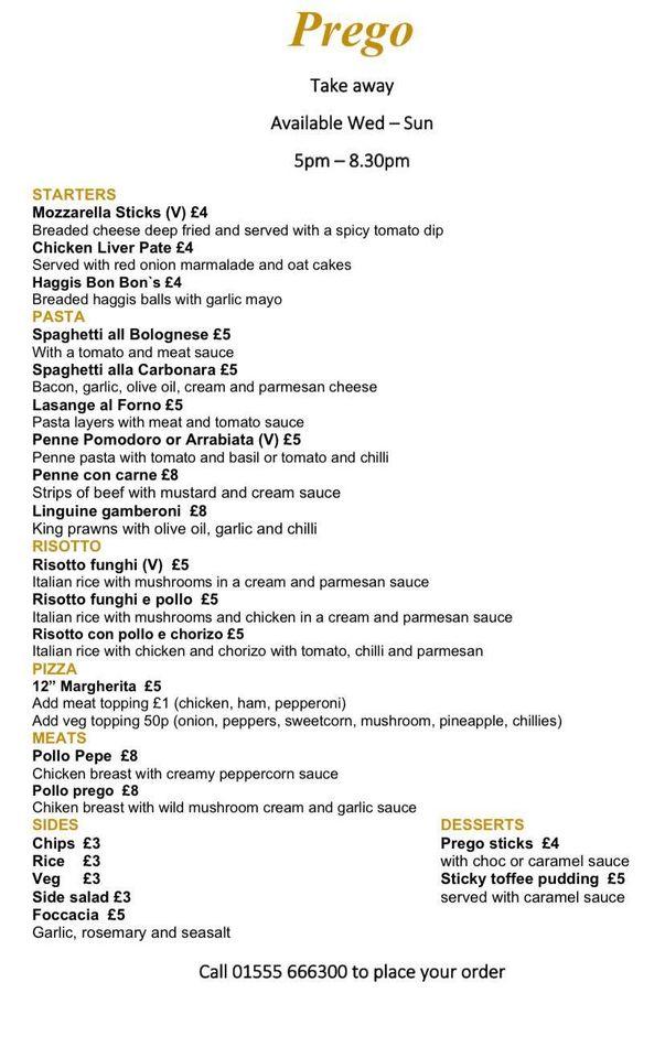 Menu at Prego restaurant, Lanark