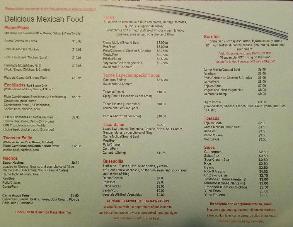 Menu at Taqueria Casa Real restaurant, Boston