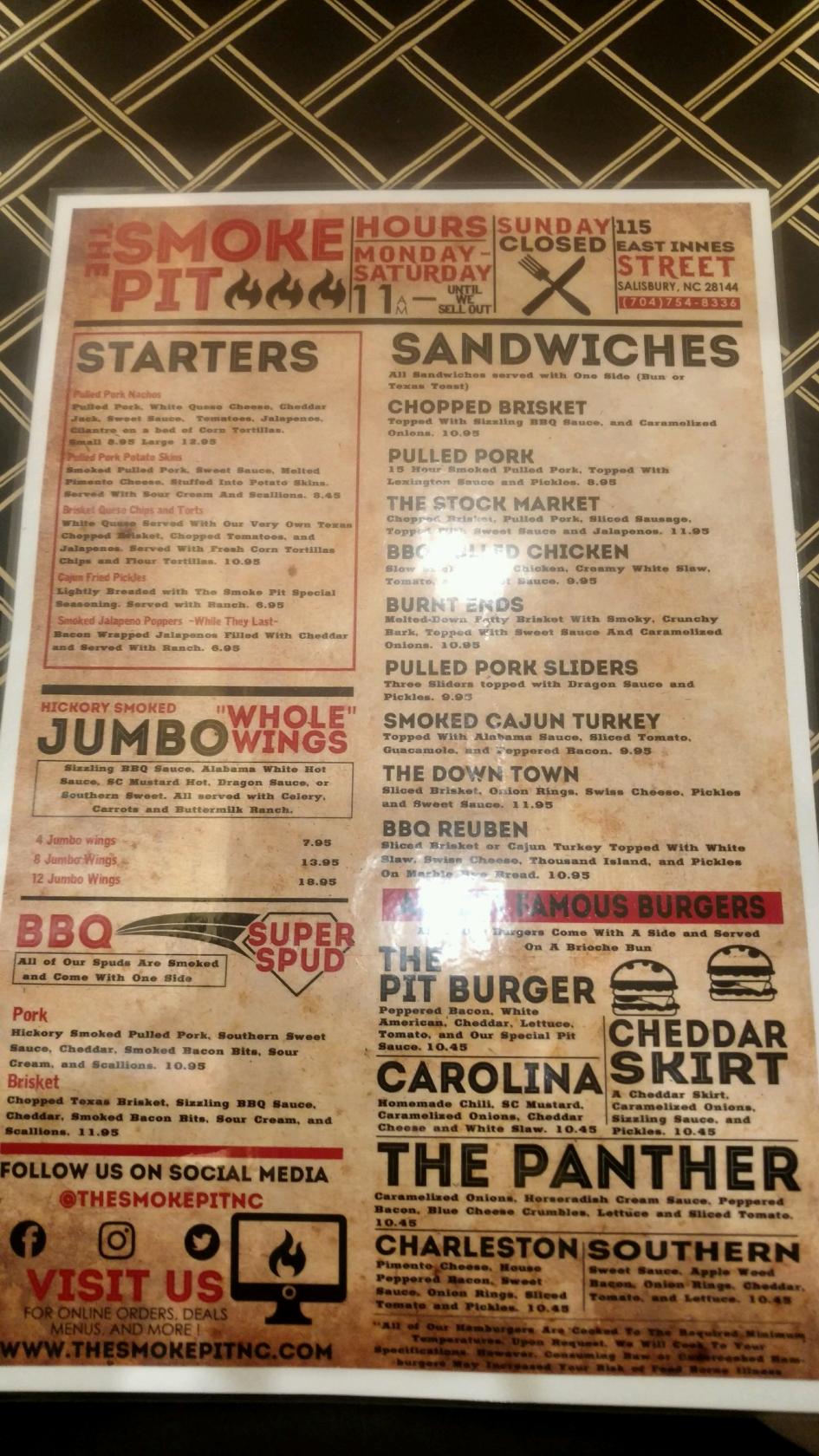 Menu at The Smoke Pit BBQ, Salisbury, 117 E Innes St