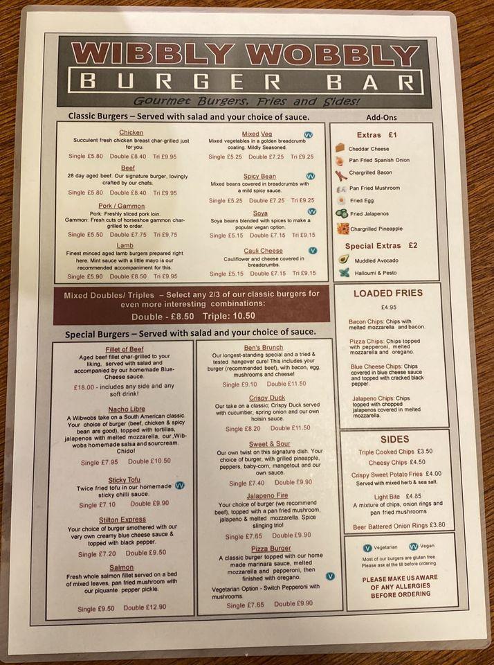 Menu at Wibbly Wobbly Burger Bar, Lancaster University, Lancaster ...
