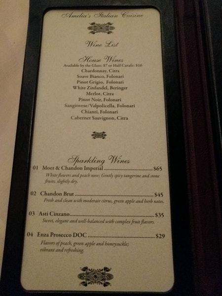 Menu at Amelia's Italian Restaurant, Gainesville