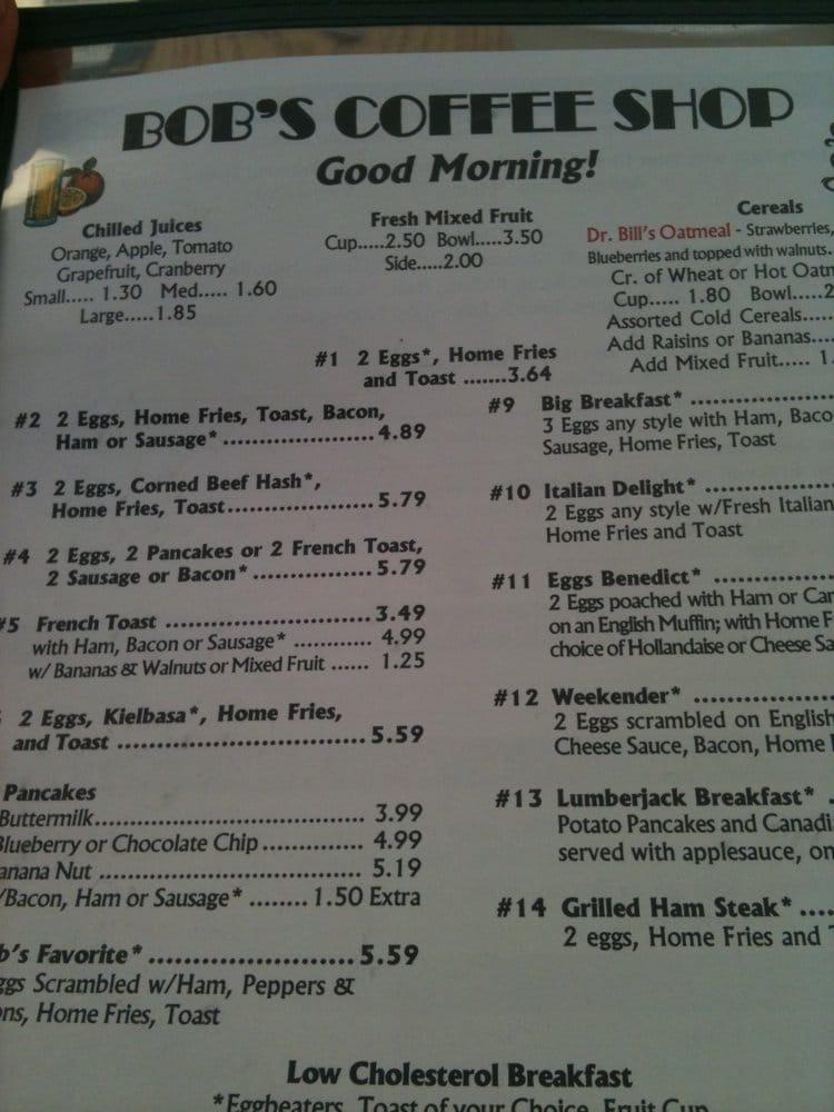 Menu at Bob's Coffee Shop restaurant, Rocky Hill