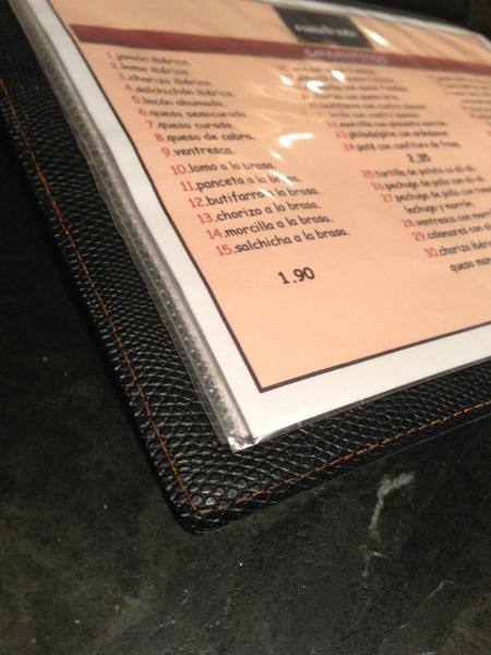 Menu at Candente pub & bar, Madrid