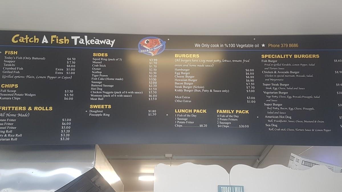 Menu at Catch a Fish Takeaway fast food, Auckland