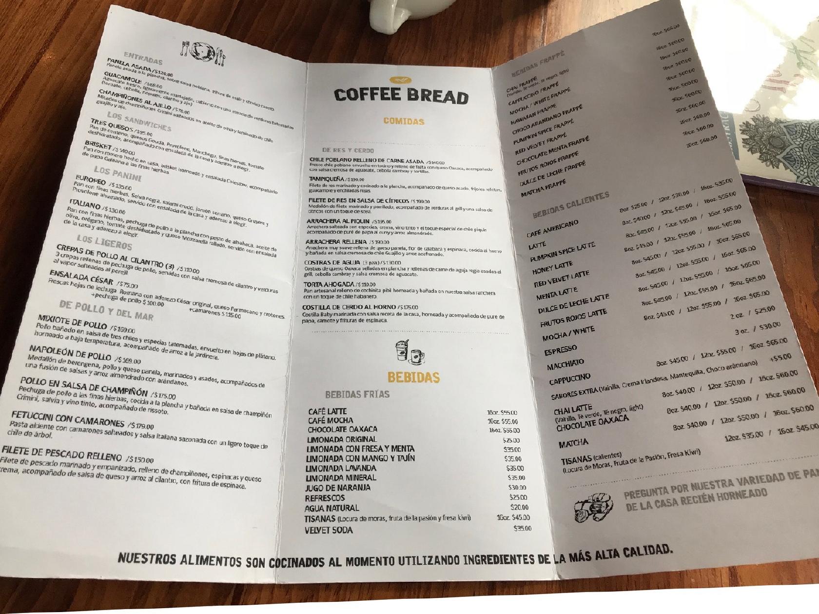 Menu at Coffee Bread restaurant, Ciudad Victoria, Av Tamaulipas 2839