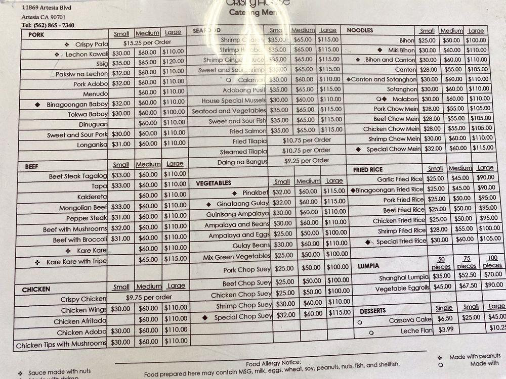 Menu at Crispy House restaurant, Artesia