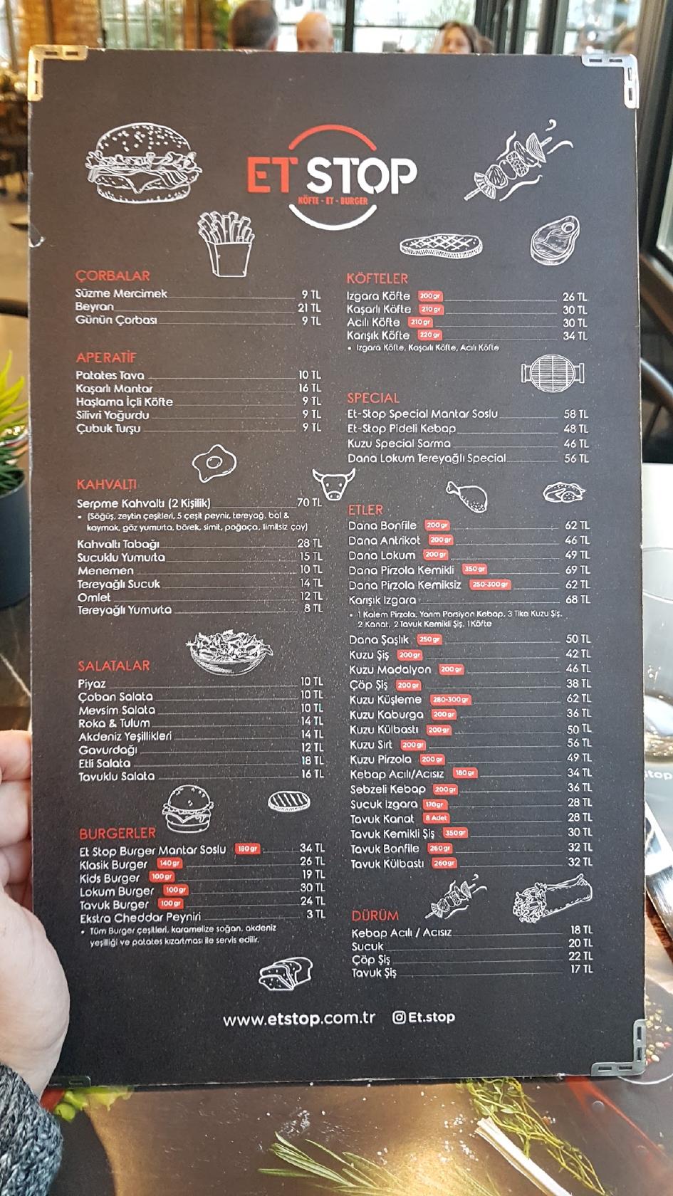 Menu at Et Stop, Istanbul