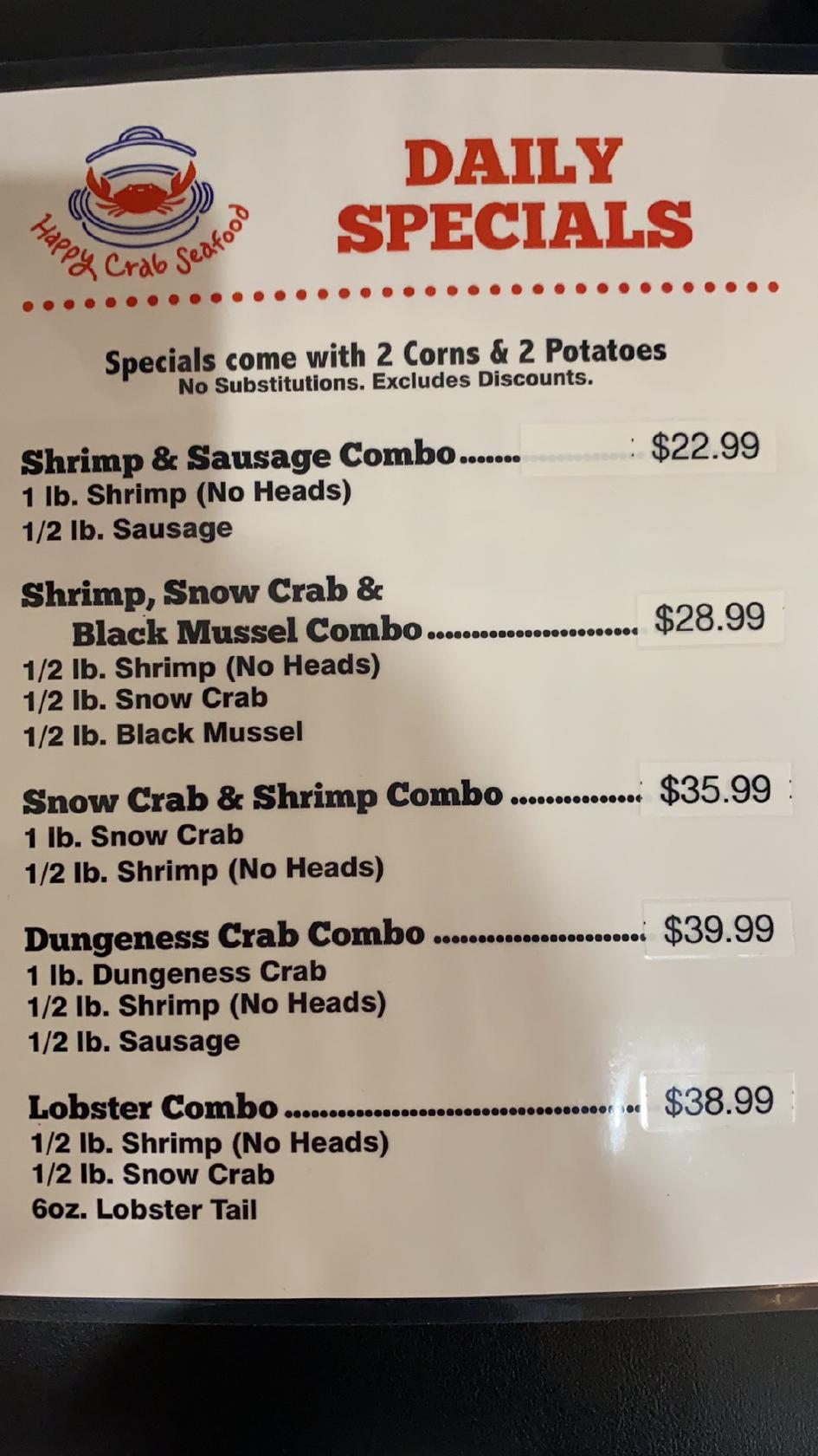 Menu at Happy crab seafood restaurant, Goose Creek
