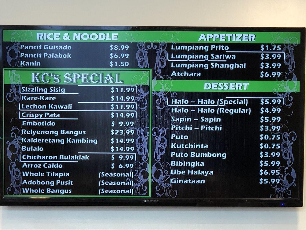 Menu at KC Filipino Restaurant, Rockville