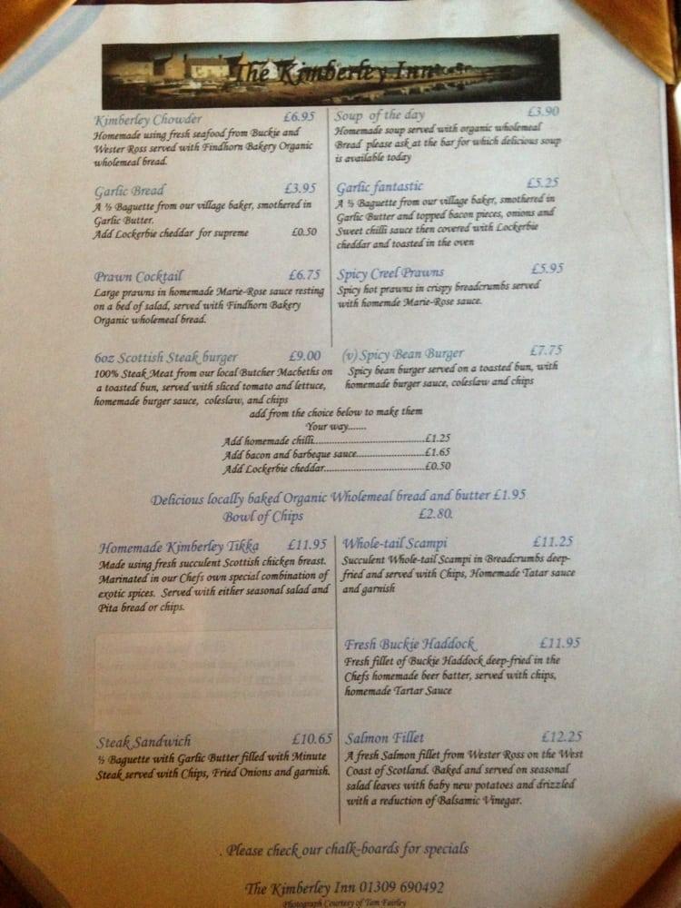 Menu at Kimberley Inn pub & bar, Findhorn