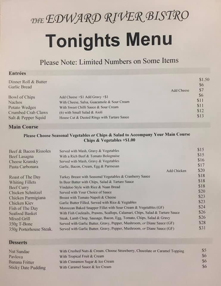 Menu at Moulamein Bowling Club, Moulamein