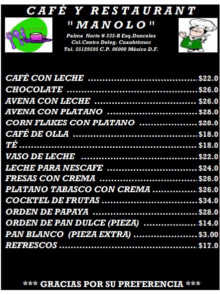 Menu at Restaurante Manolo, Mexico City, C. de la Palma 335