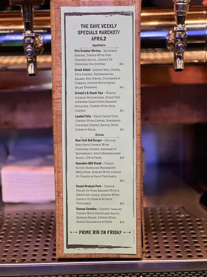Menu at The Cave steakhouse, Delta Junction
