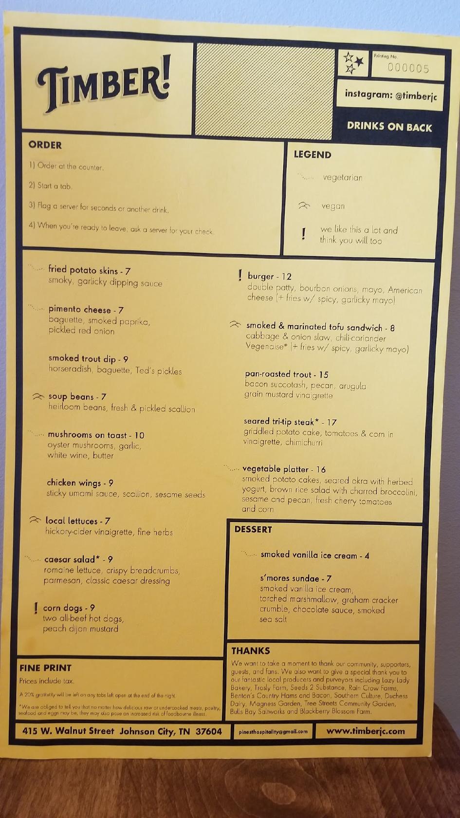 Menu at Timber! pub & bar, Johnson City