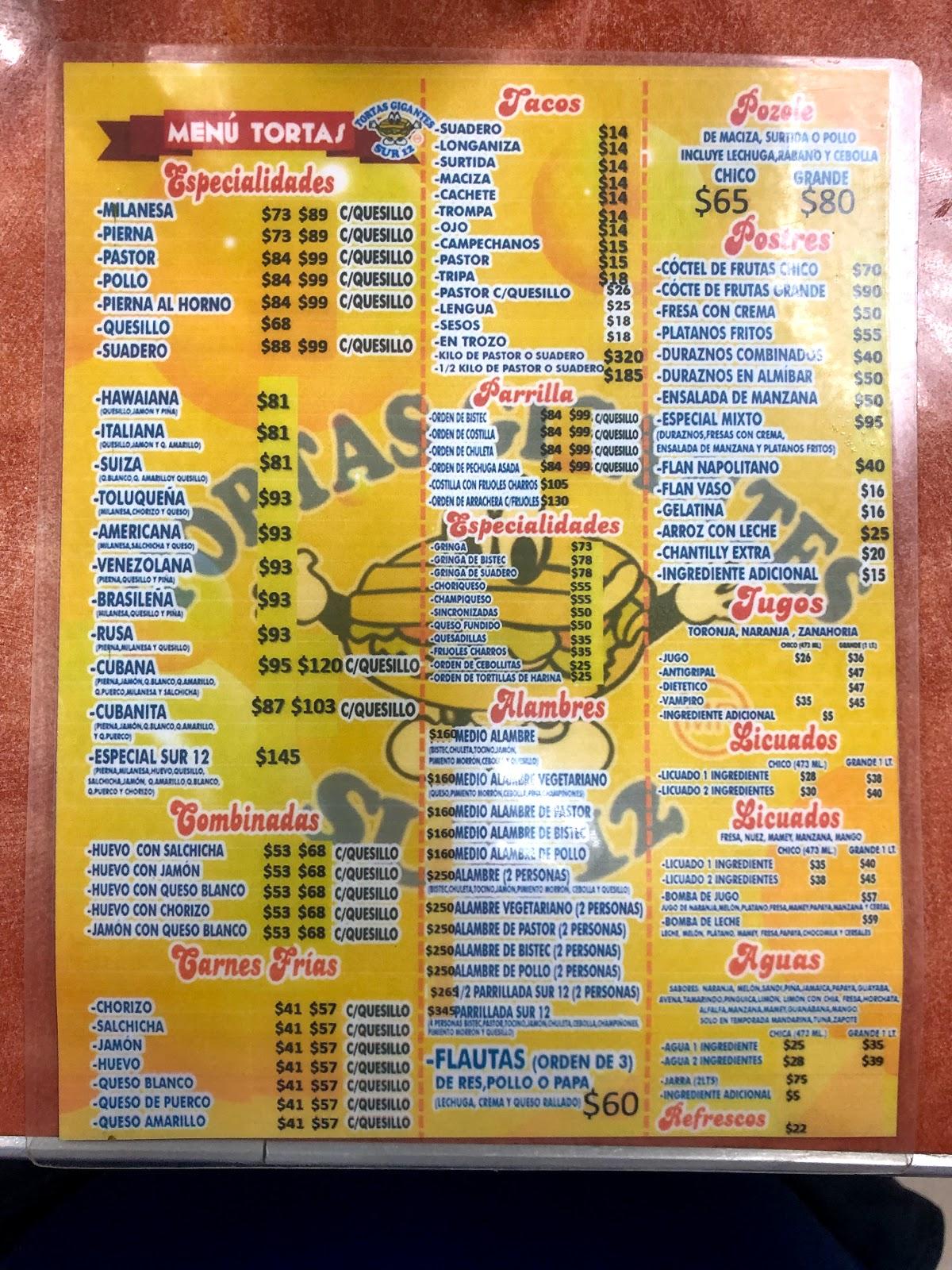 Carta del restaurante Tortas Gigantes Sur 12, Ciudad del México, Sur ...