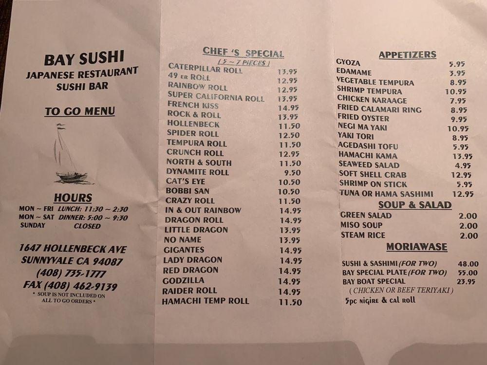 Menu at Bay Sushi restaurant, Sunnyvale