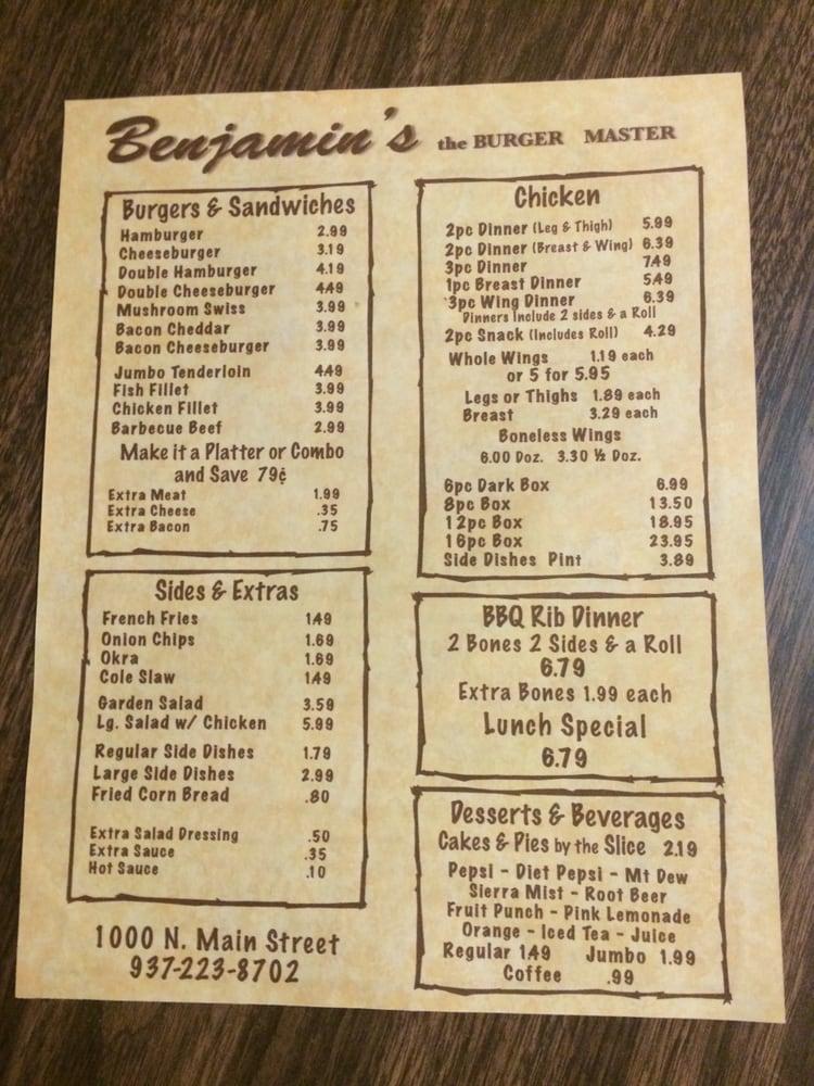 Menu at Benjamin's the Burger Master restaurant, Dayton