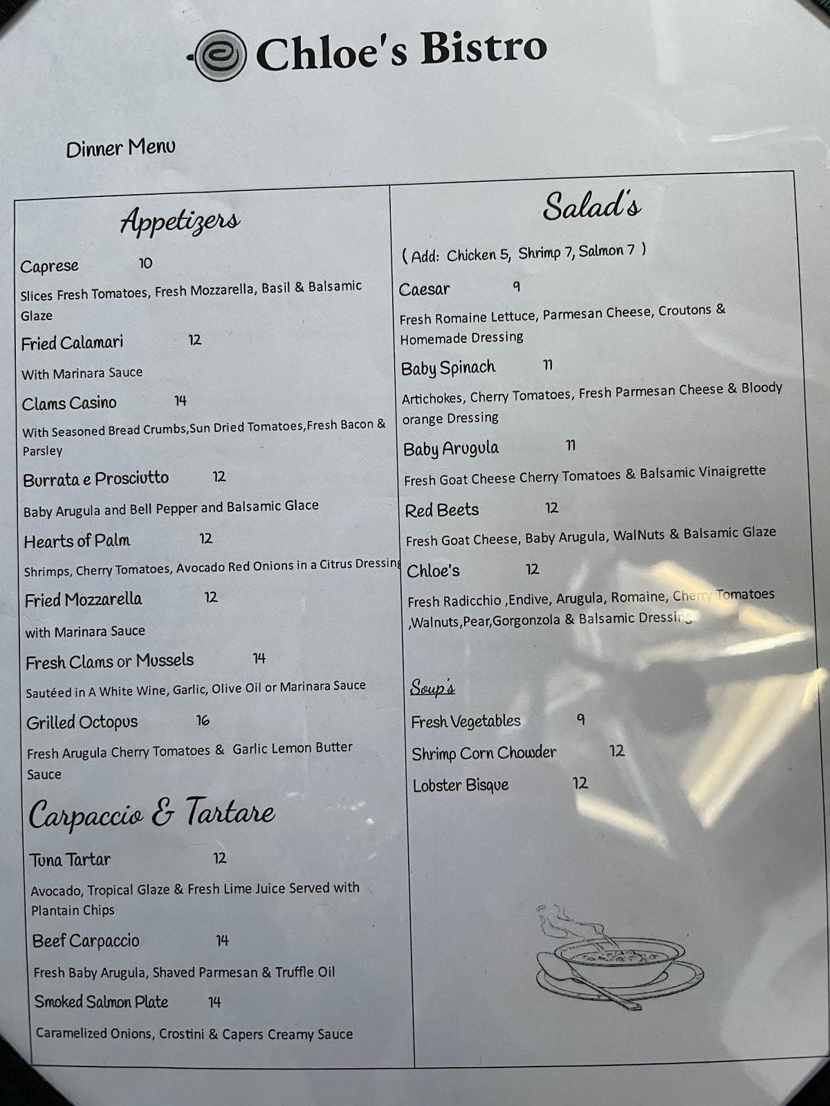 Menu at Chloe's Bistro restaurant, Boca Raton
