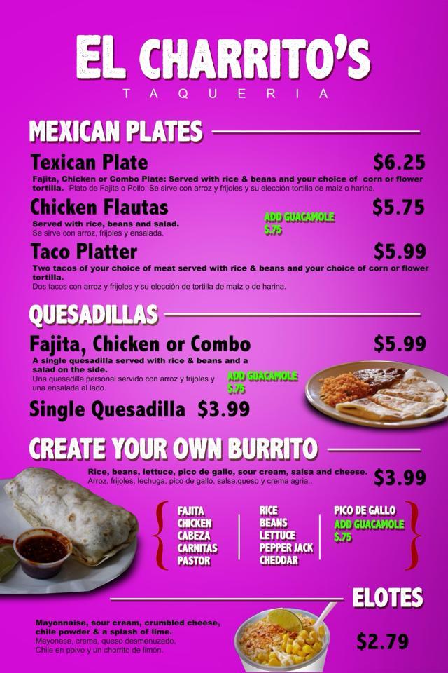 Menu at El charrito’s Taqueria restaurant, Dallas