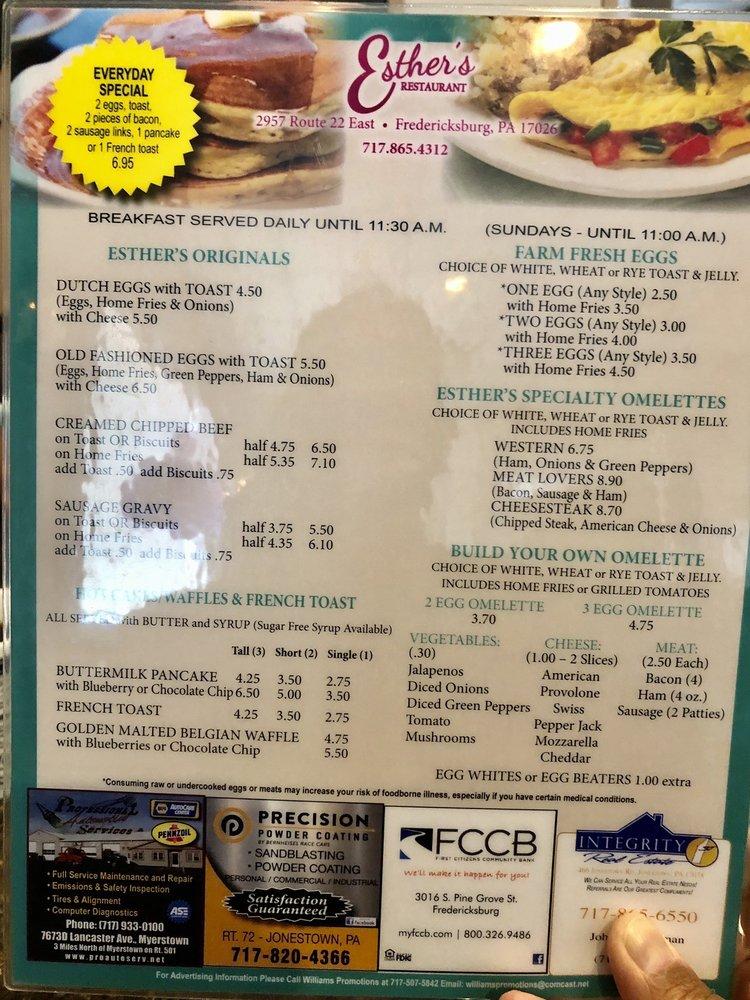 Menu at Esther's Restaurant, Fredericksburg