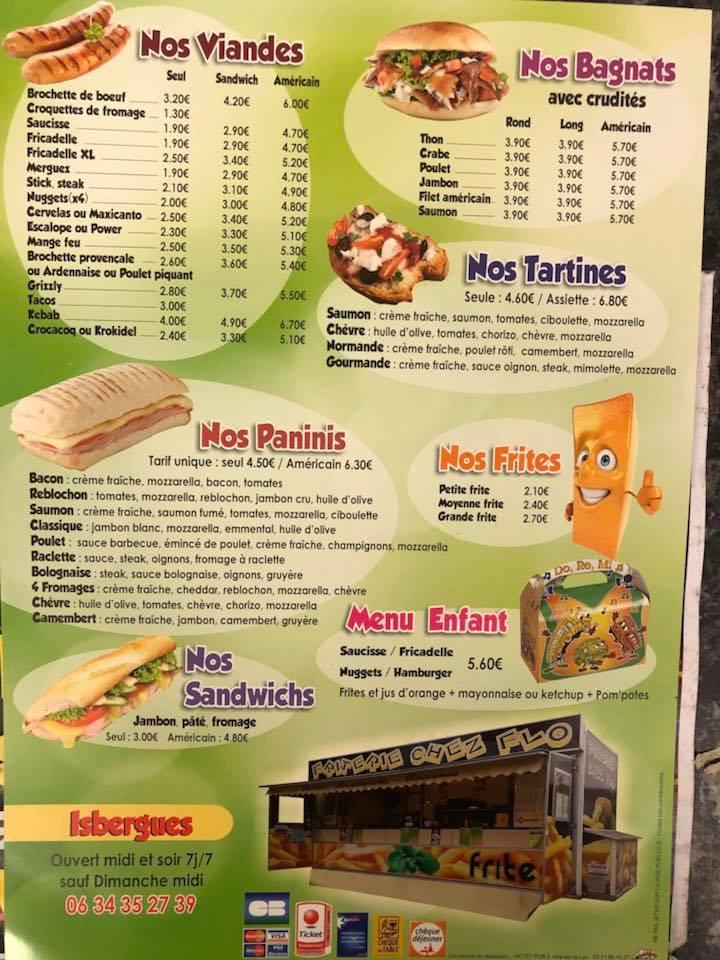 Menu at Friterie Chez Flo restaurant, Isbergues, Rue troyen