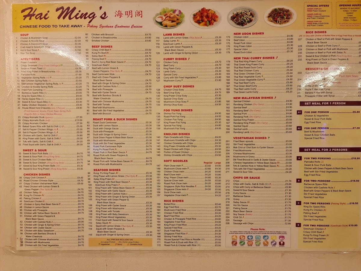 Menu at Hai Ming's fast food, Gillingham