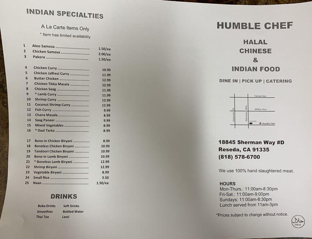 Menu at Humble Chef restaurant, Los Angeles