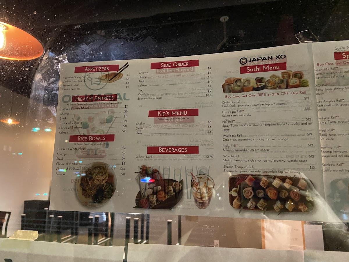Menu at Japan XO restaurant, Raleigh