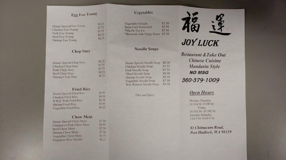 Menu at Joy luck restaurant, Port Hadlock-Irondale