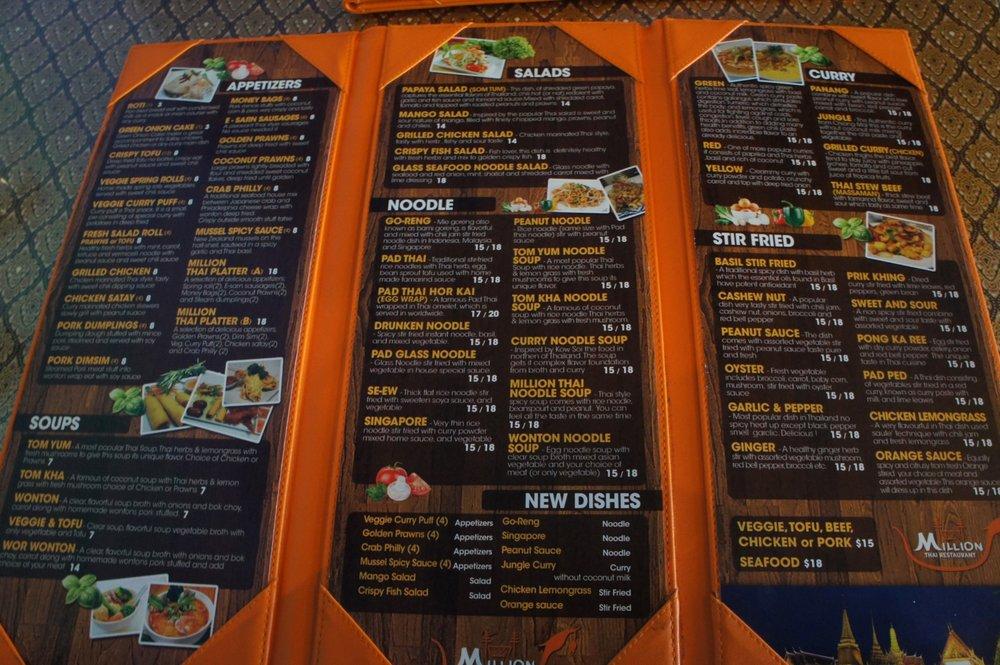 Menu at Million Thai Restaurant, Edmonton