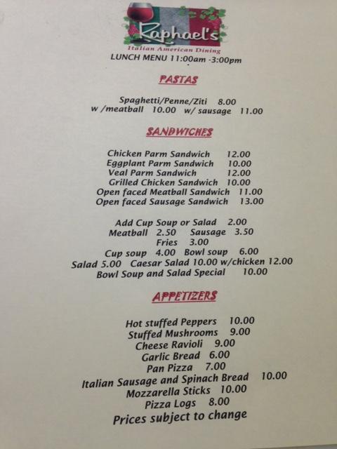 Menu at Raphael's pizzeria, Hamburg, Clark St