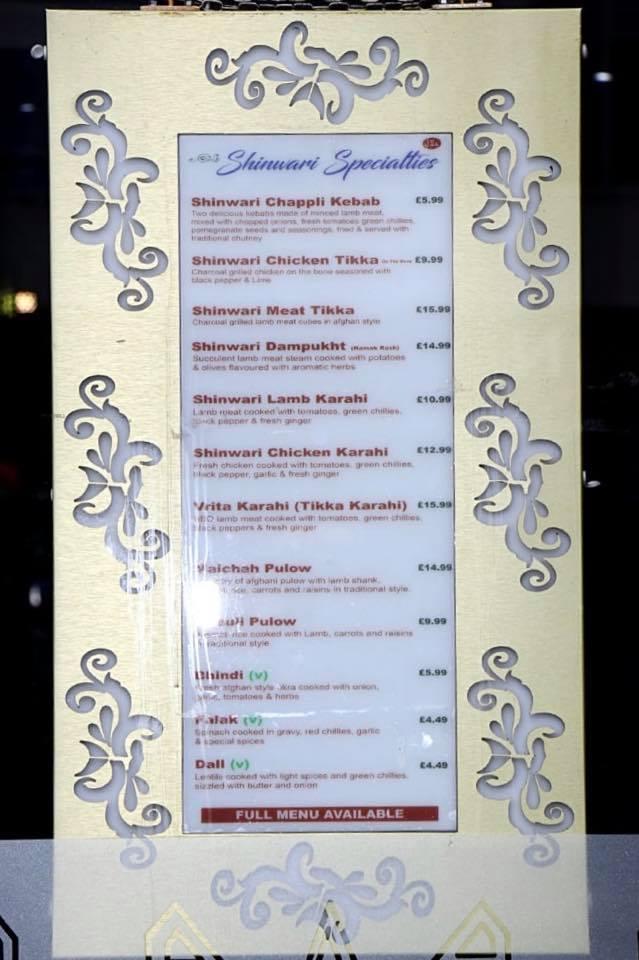 Menu at Shinwari restaurant, Ilford