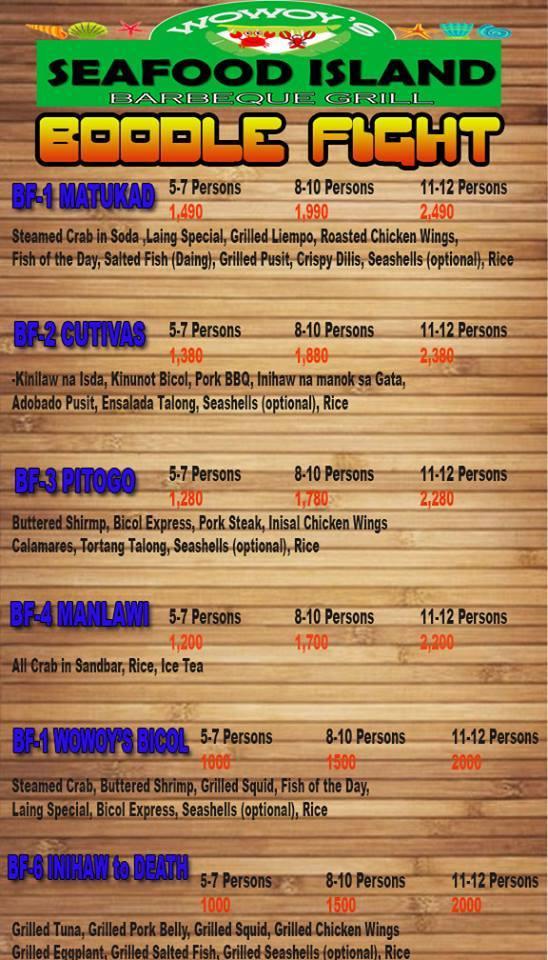 Menu at Wowoy's Seafood Island restaurant, Caramoan