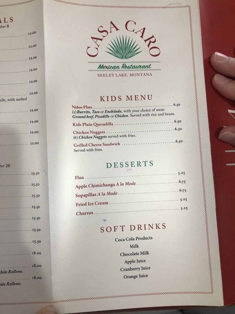 Carta del restaurante Casa Caro, Seeley Lake