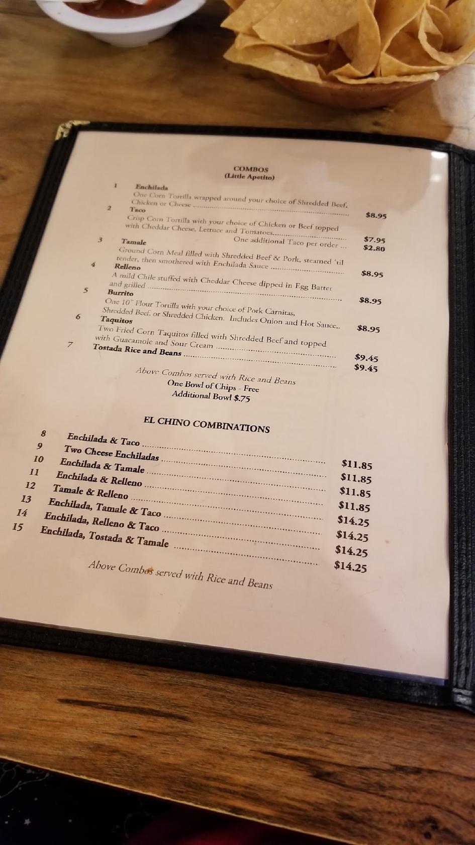 Menu at El Chino Mexican Restaurant, Santa Cruz