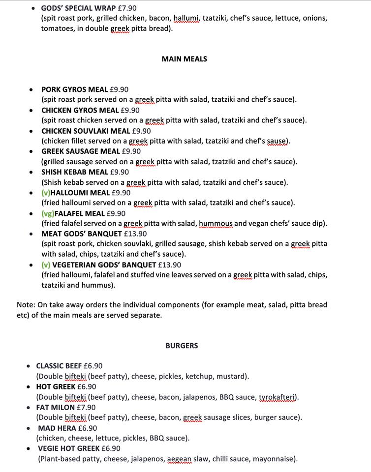Menu at Greek Gods' Cuisine restaurant, Sheffield
