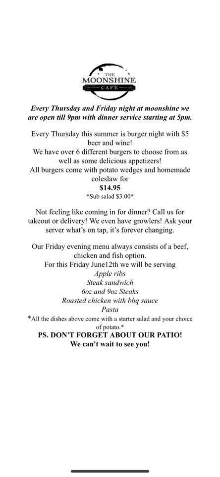 Menu at Moonshine Cafe, Tofield