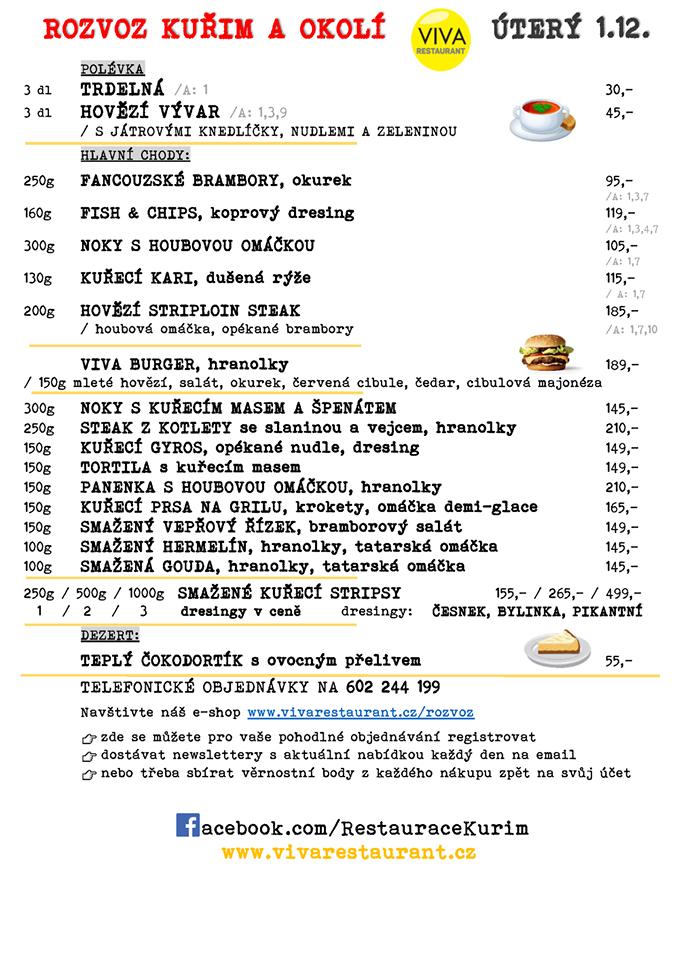Menu at VIVA restaurant, Kurim