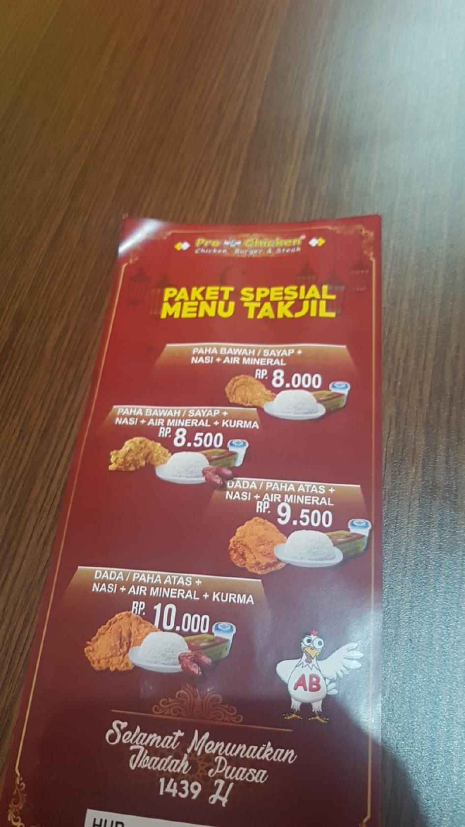 Menu at pro chicken restaurant, Sendangadi