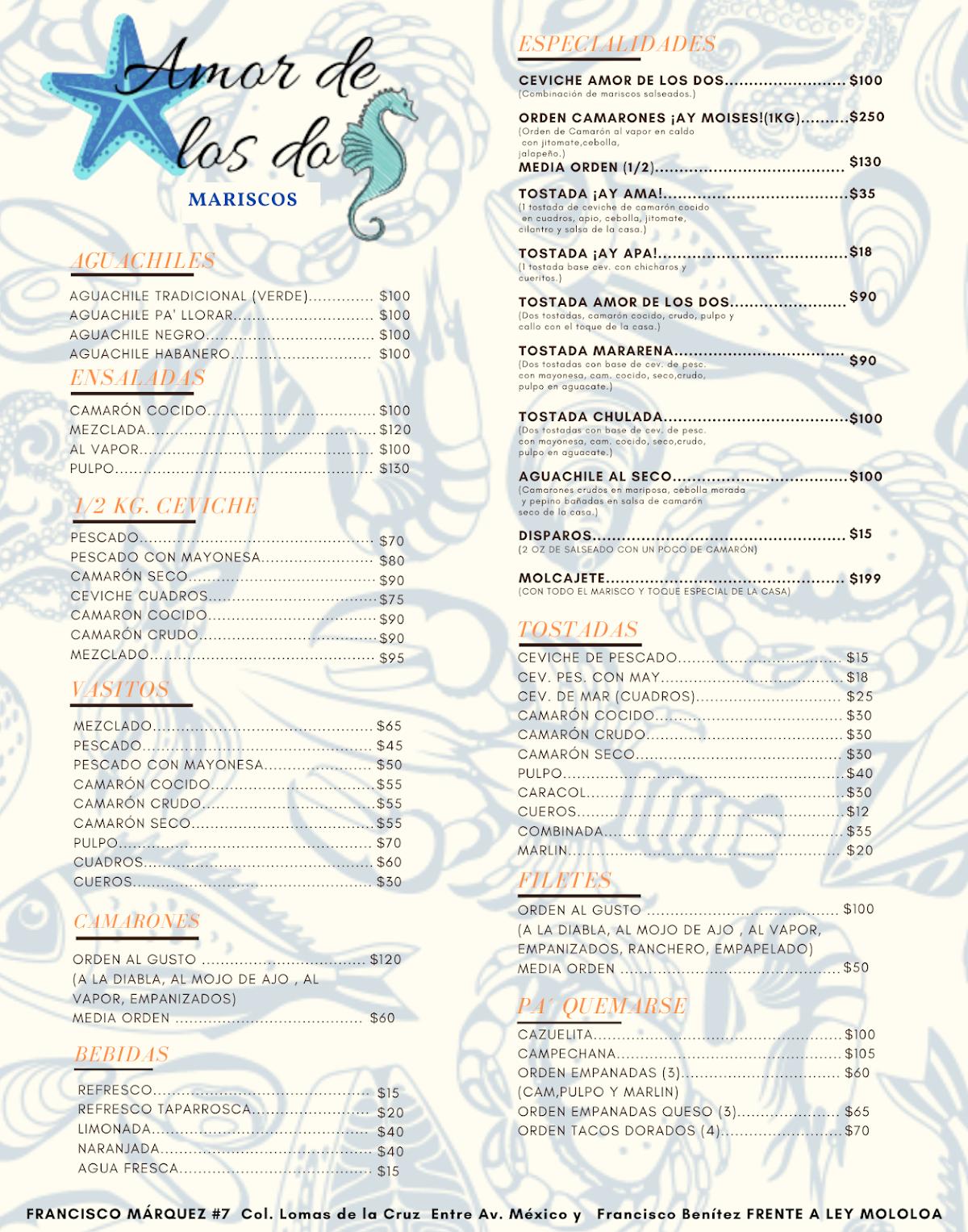 Menu at Amor de los dos restaurant, Tepic