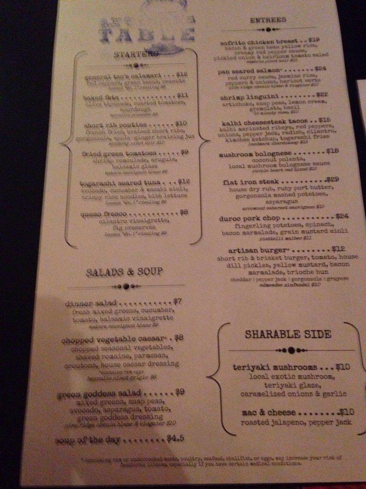 Menu at Artisan's Table restaurant, Orlando