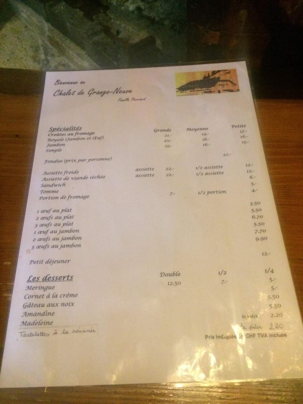 Menu da Chalet de Grange-Neuve - Famille Joseph, Baulmes, Grange Neuve