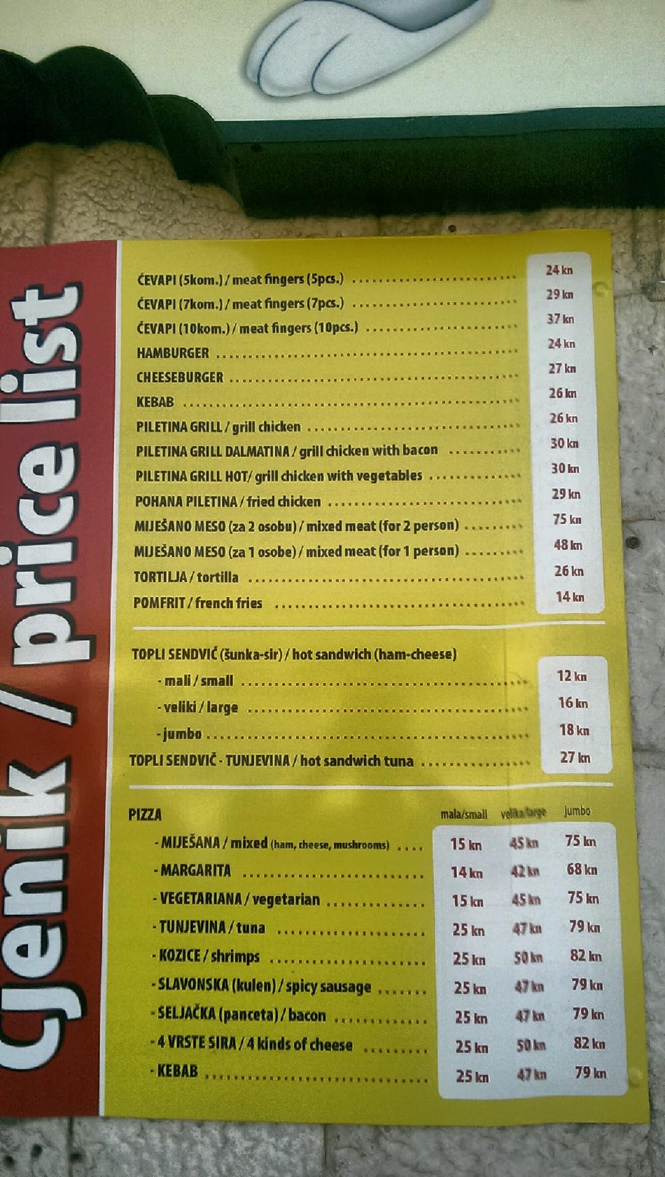 Menu at Fast food Gricko, Trogir