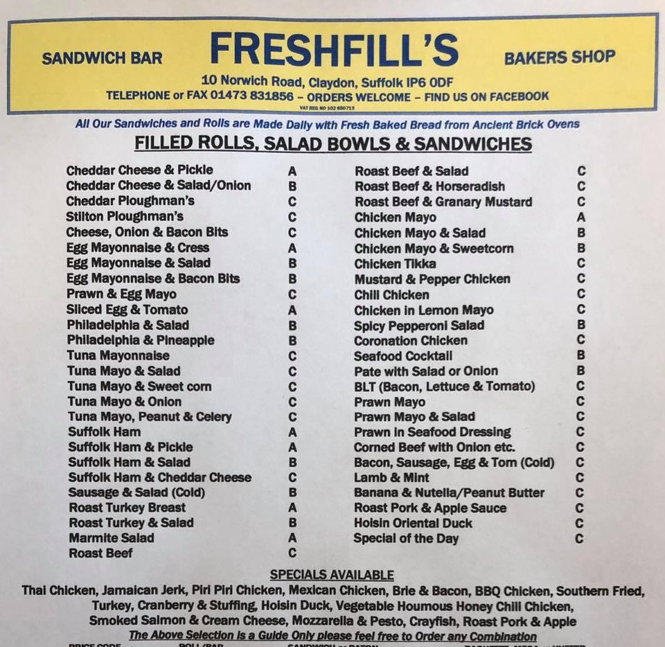 Menu at Freshfills, Ipswich