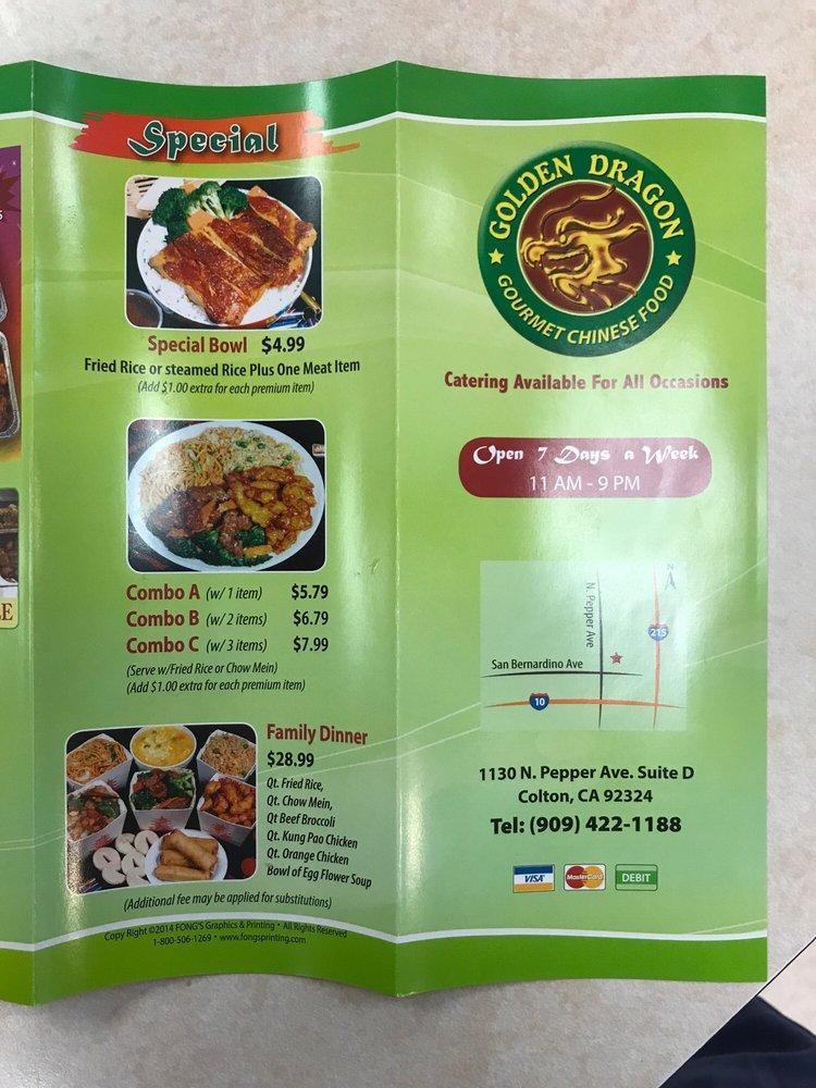 Menu at Golden Dragon restaurant, Colton